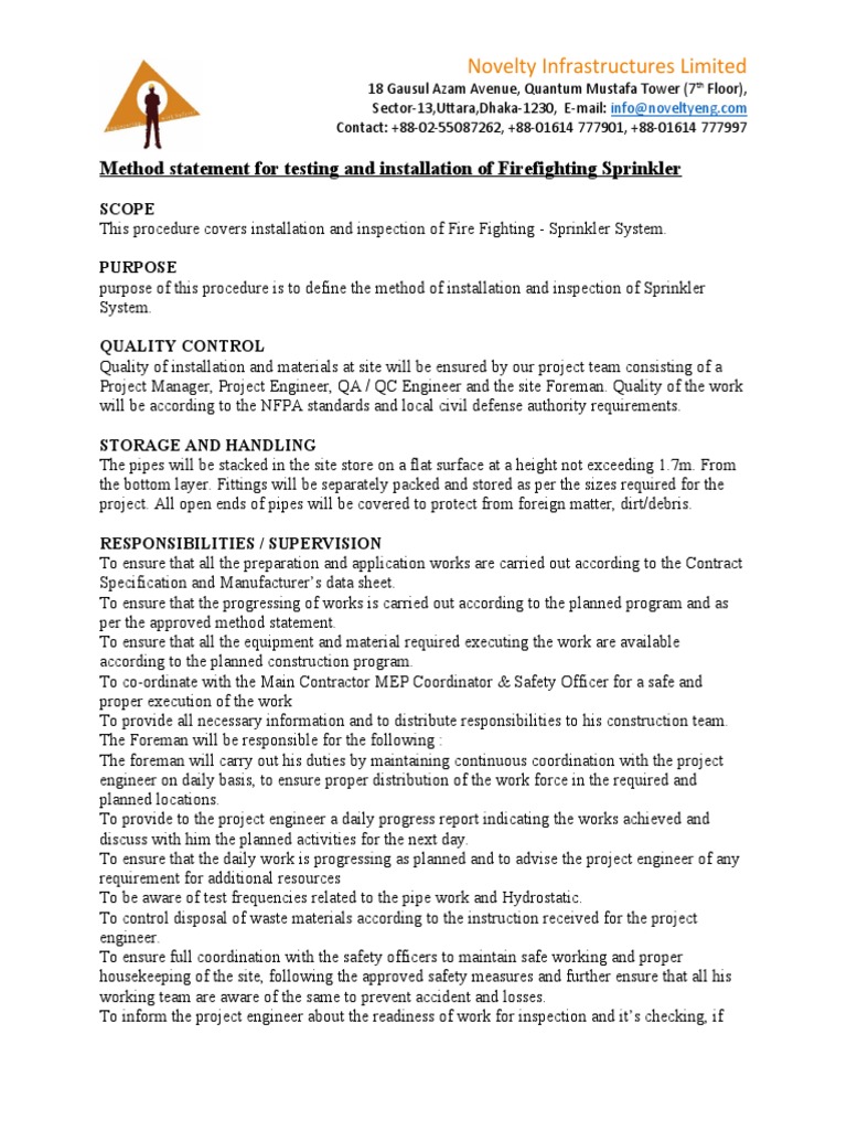 Method Statement For Sprinkler System | PDF | Pipe (Fluid Conveyance ...