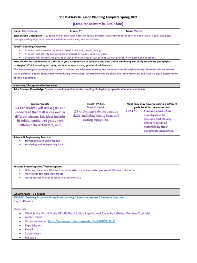 2nd Grade Matter Lesson Plan Template | PDF | Ice | Liquids