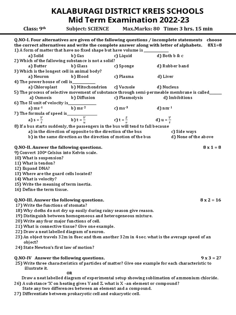 9th SCIENCE SA1 2022-23 | PDF | Tissue (Biology) | Force