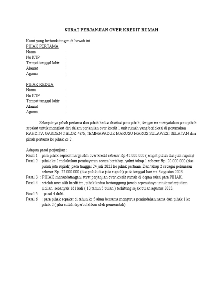 Surat Perjanjian Over Kredit Rumah | PDF