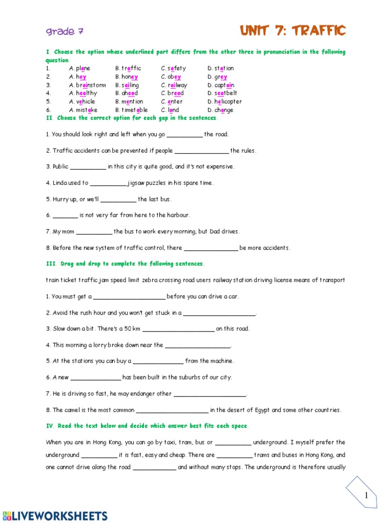 Grade 7 Traffic Unit Exercises | PDF | Traffic | Rapid Transit