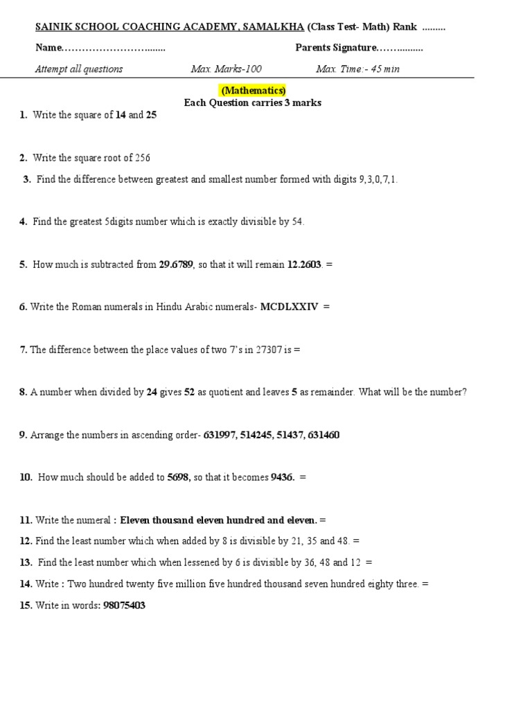 Math Test | PDF | Numbers | Algebra