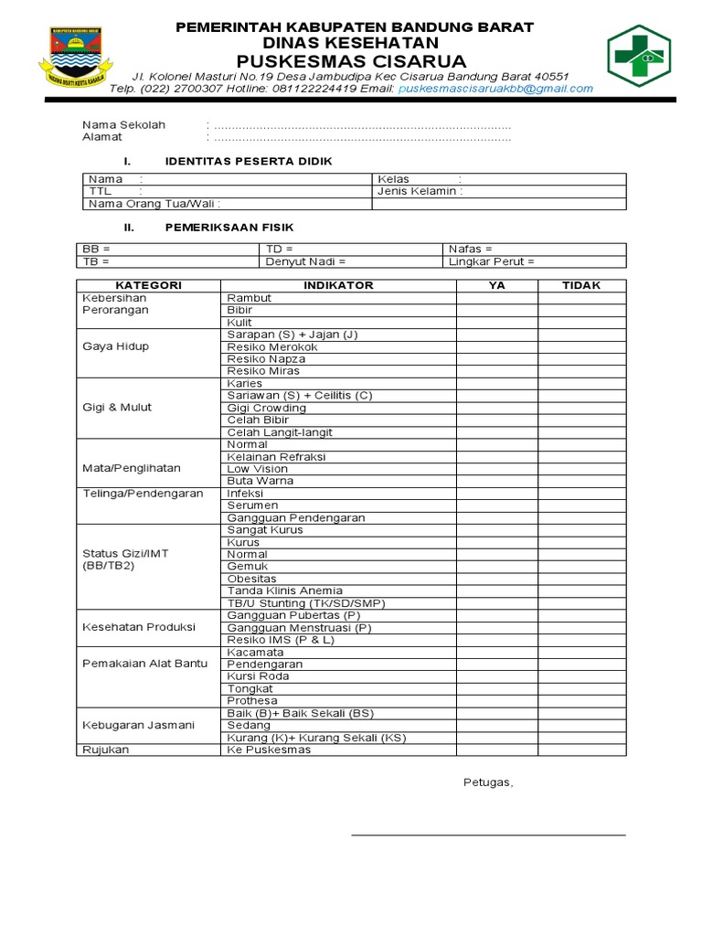 Form Penjaringan UKS 2023 | PDF