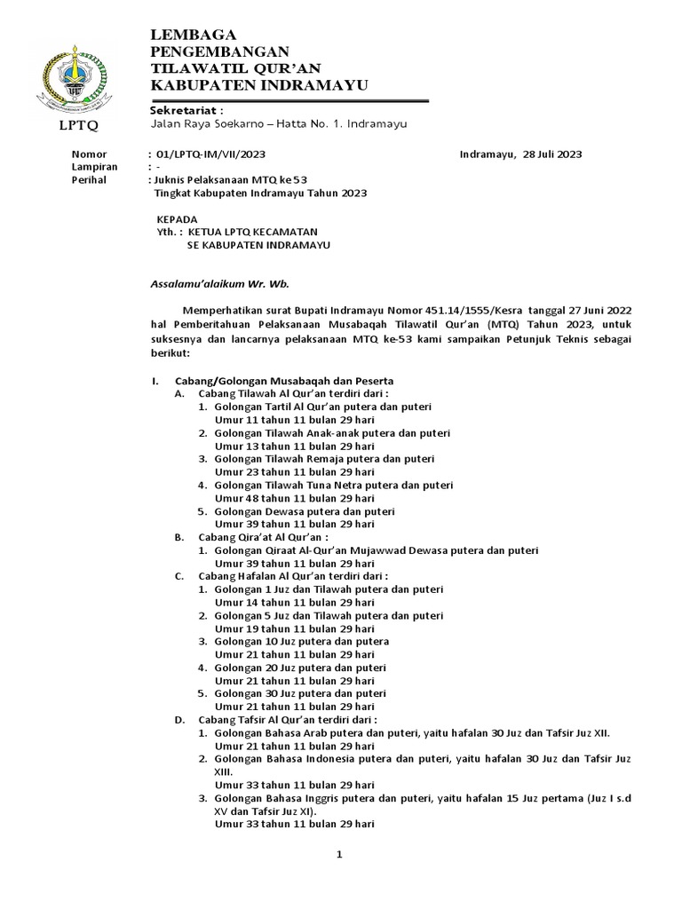 Juknis Pelaksanaan MTQ Ke 53 2023 | PDF