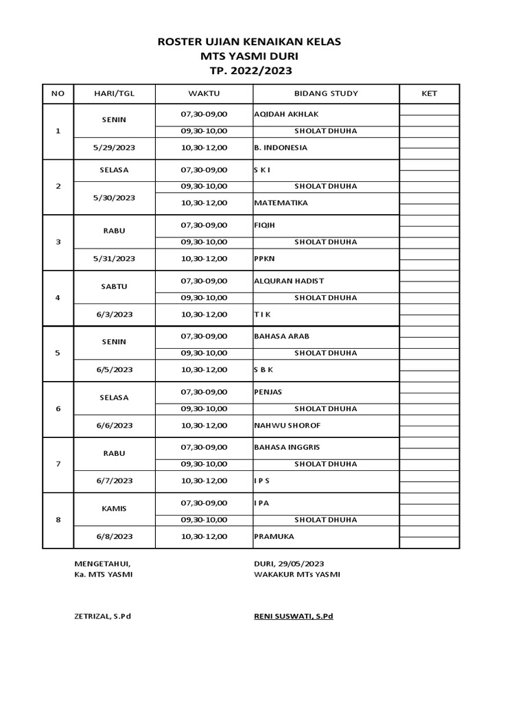 Roster Ujian 2023 | PDF