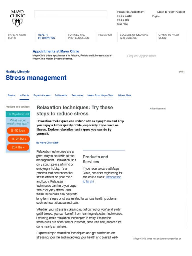 Relaxation techniques: Try these steps to reduce stress - Mayo Clinic ...