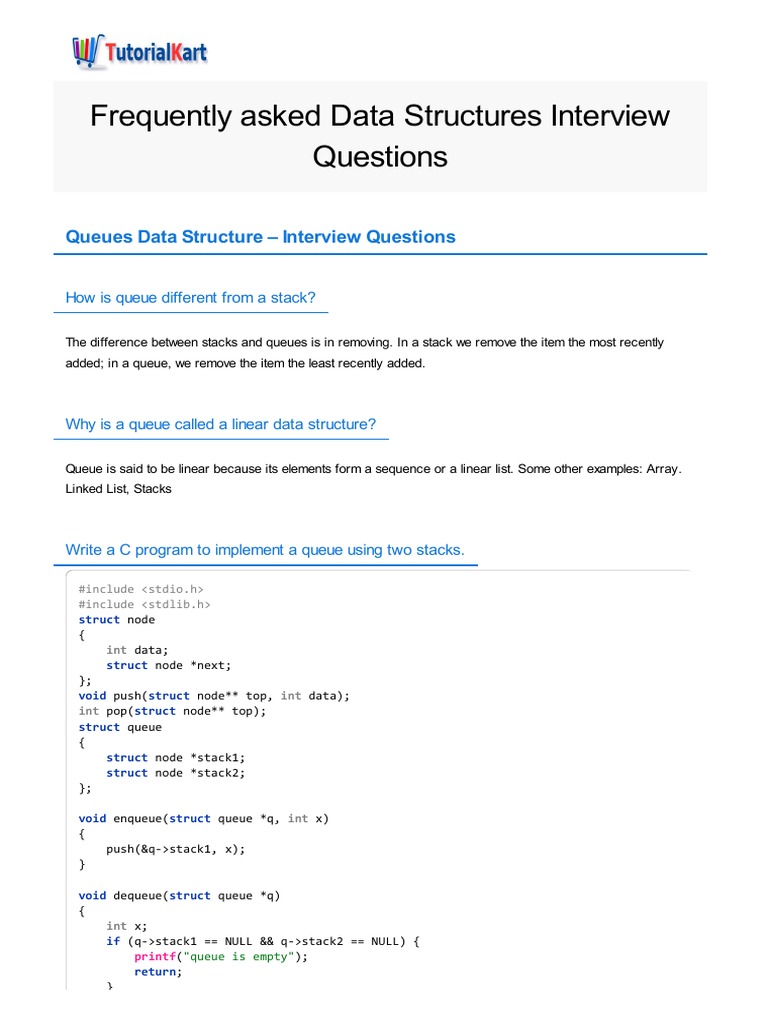 Kenny 230723 Data Structures Interview Questions | PDF | Queue (Abstract Data Type) | Computer ...