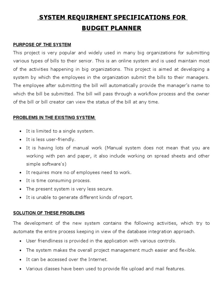 BILL MANAGEMENT SYSTEM Budget Planner SRS | PDF | Input/Output | Information Technology Management