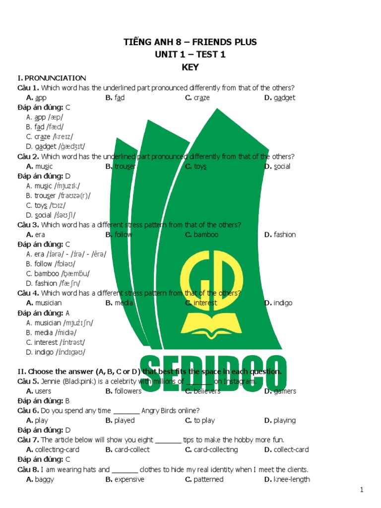 Tieng Anh 8 Friends Plus - Unit 1 - Test 1 (Key) | PDF | Fashion | Clothing