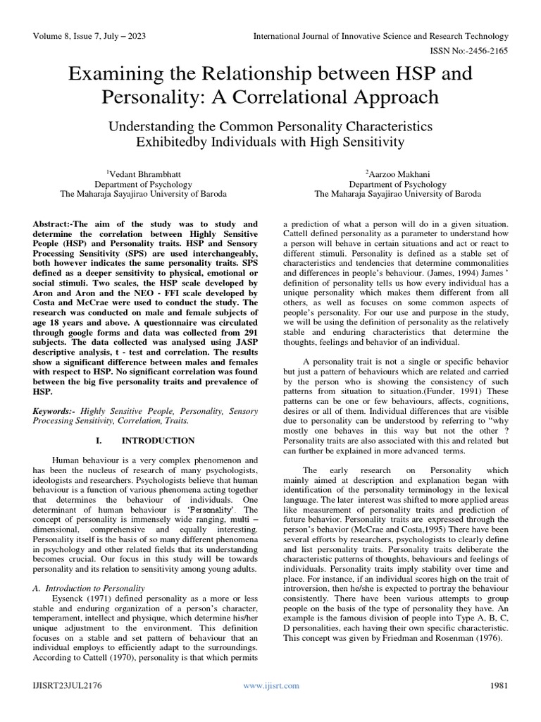 Examining The Relationship Between HSP and Personality: A Correlational ...
