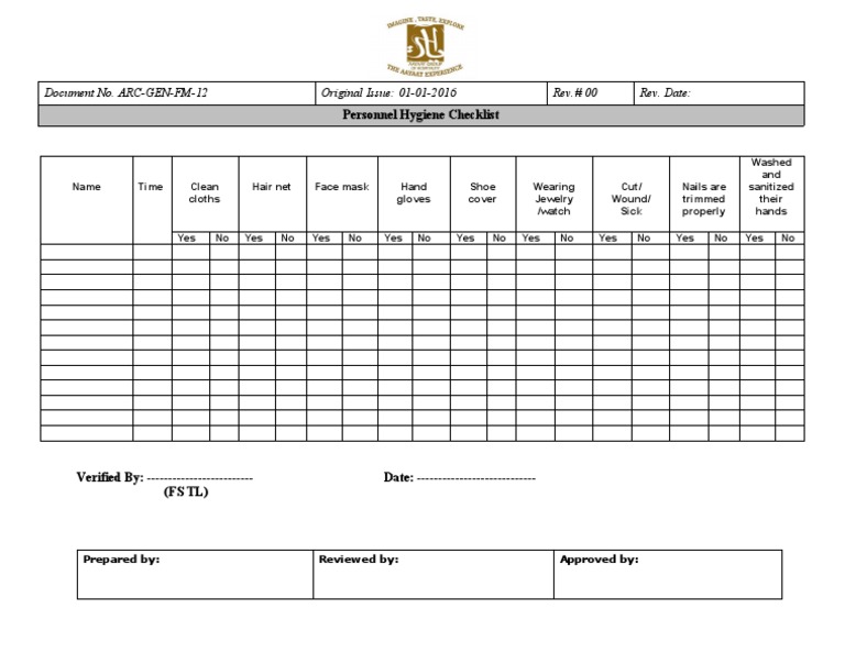 ARC-GEN-FM-12 - Personnel Hygiene Checklist | PDF