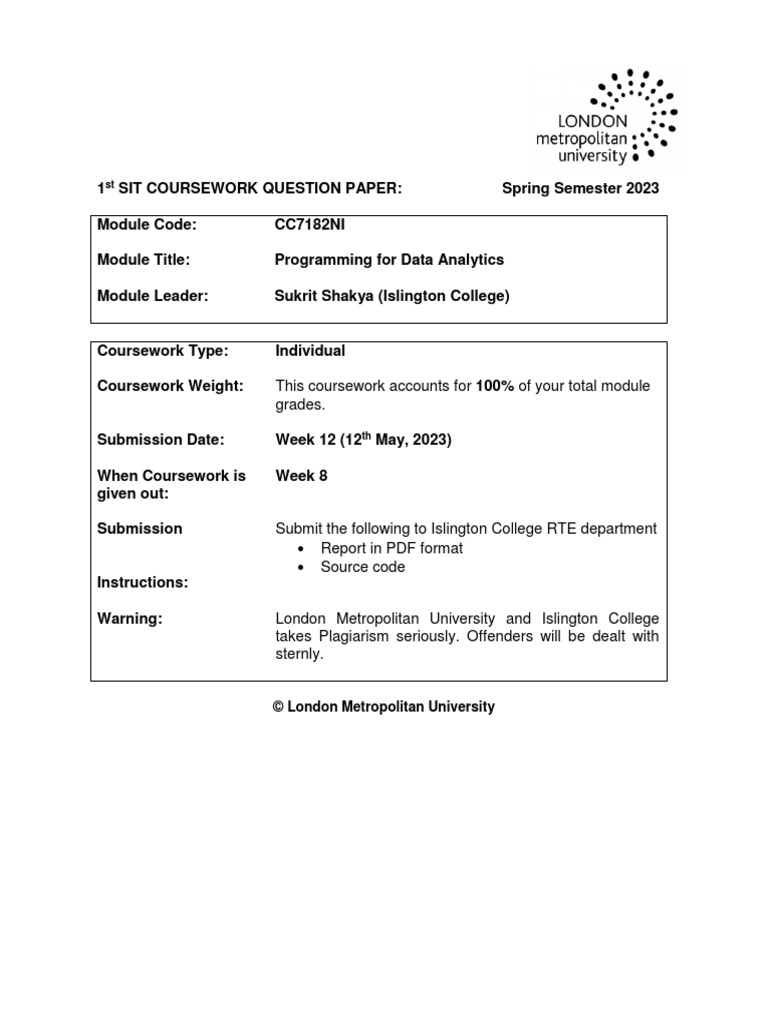CC7182 - Programming For Data Analytics | PDF | Plagiarism | Data Analysis CC7182 - Programming For Data Analytics | PDF | Plagiarism | Data Analysis