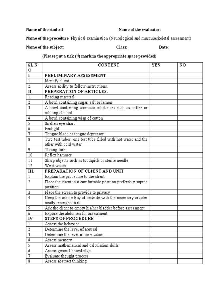 Checklist Neurological and Musculoskeketal System | PDF | Human Anatomy ...