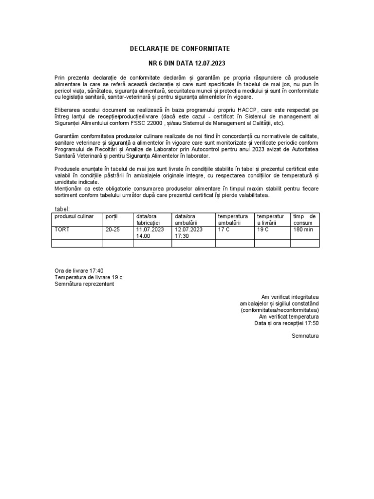 Model Declaratie Conformitate | PDF