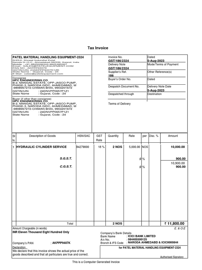 Tax Invoice: Patel Material Handling Equipment-2324 | PDF | Invoice ...
