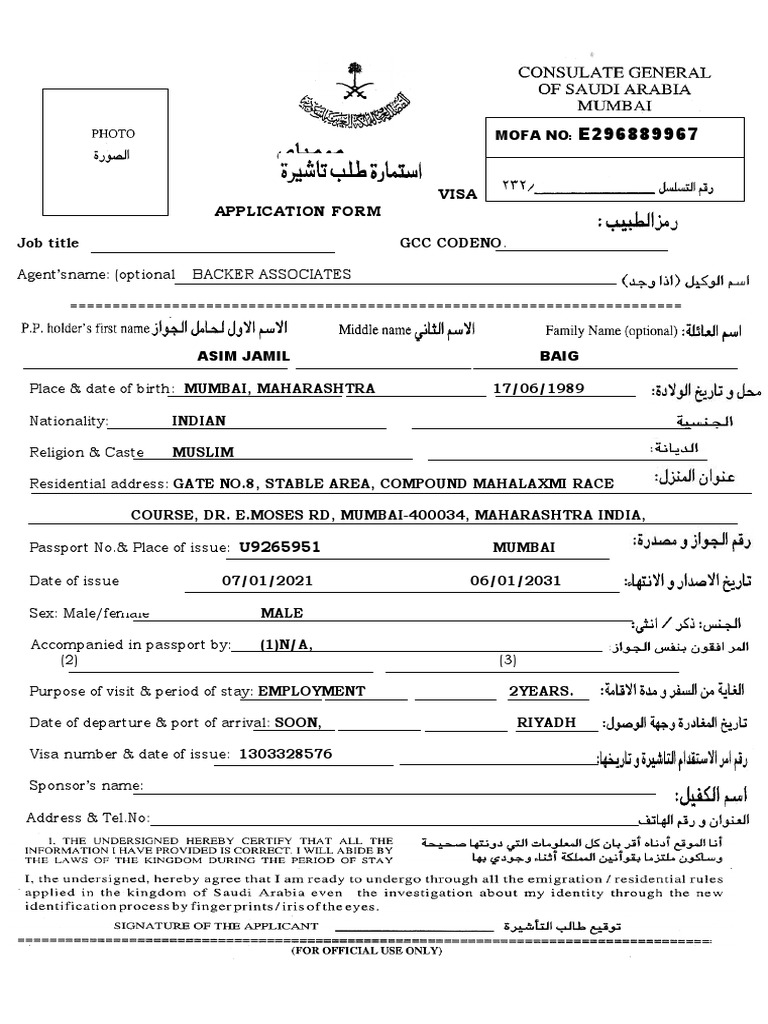 Asim Jamil - Visa Application Form | PDF