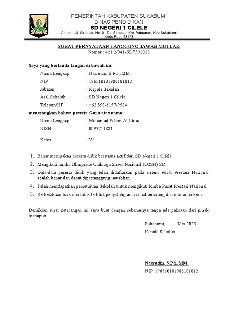 Format 3 Surat Keterangan Sekolah O2sn | PDF