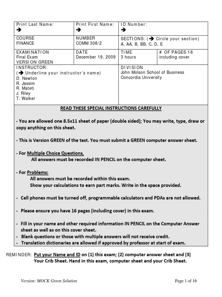 Final-Fall-2009 Mock Solution | Download Free PDF | Net Present Value | Present Value