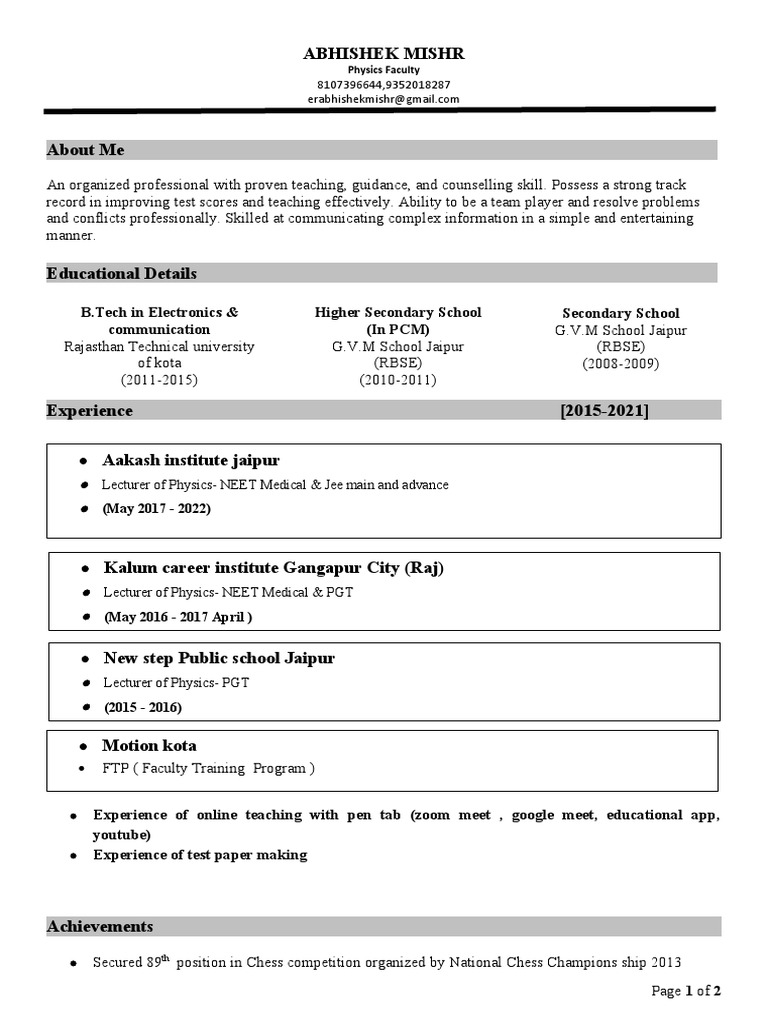 Physics Lecturer Profile - Abhishek Mishr | PDF | Computing