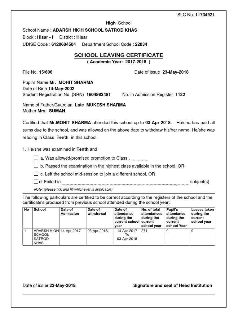 School Leaving Certificate | PDF