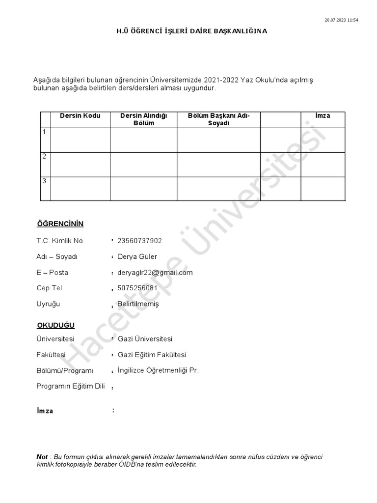 Hacettepe Yaz Okulu Basvuru Formu 2023 | PDF