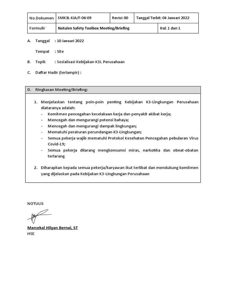1b. Notulen Safety TBM Sosialisasi Kebijakan K3L | PDF