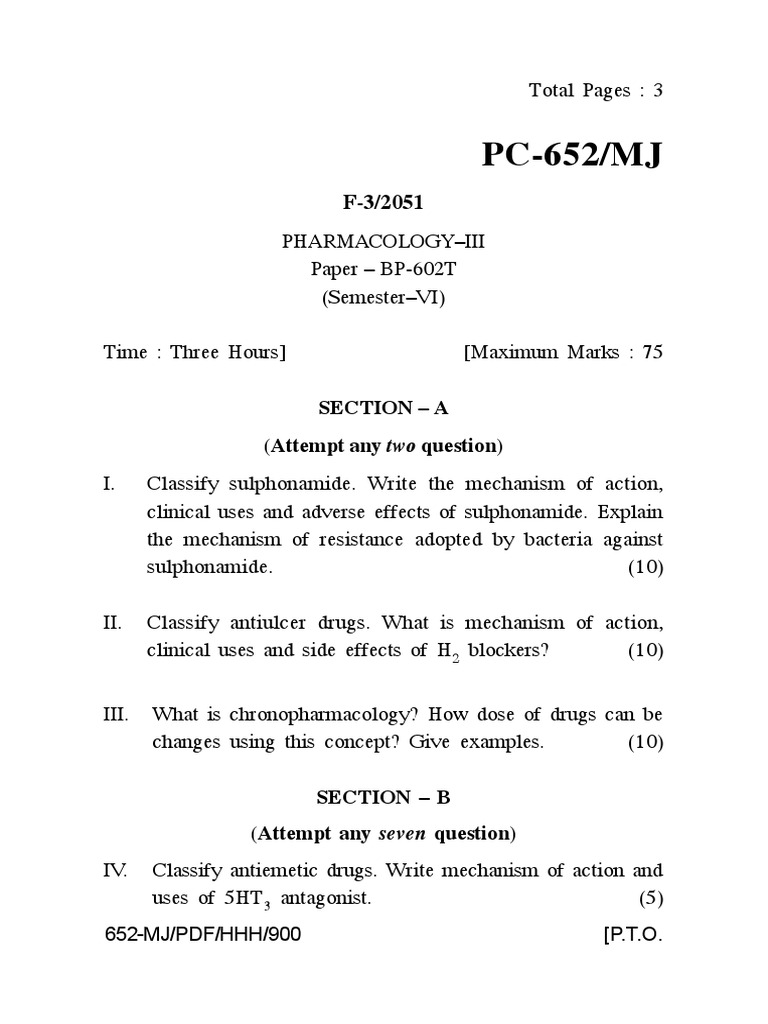 Bpharm Sem 6 Ques Paper Pharmacology | PDF