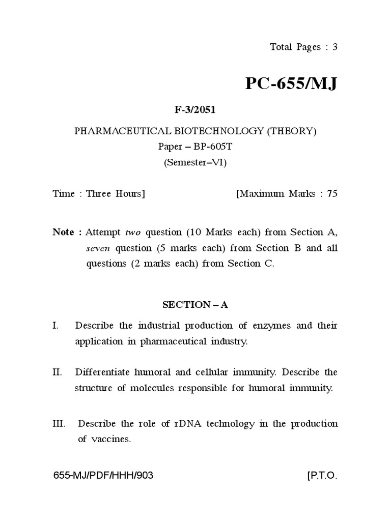Bpharm Sem 6 Biotechnology Ques Paper | PDF