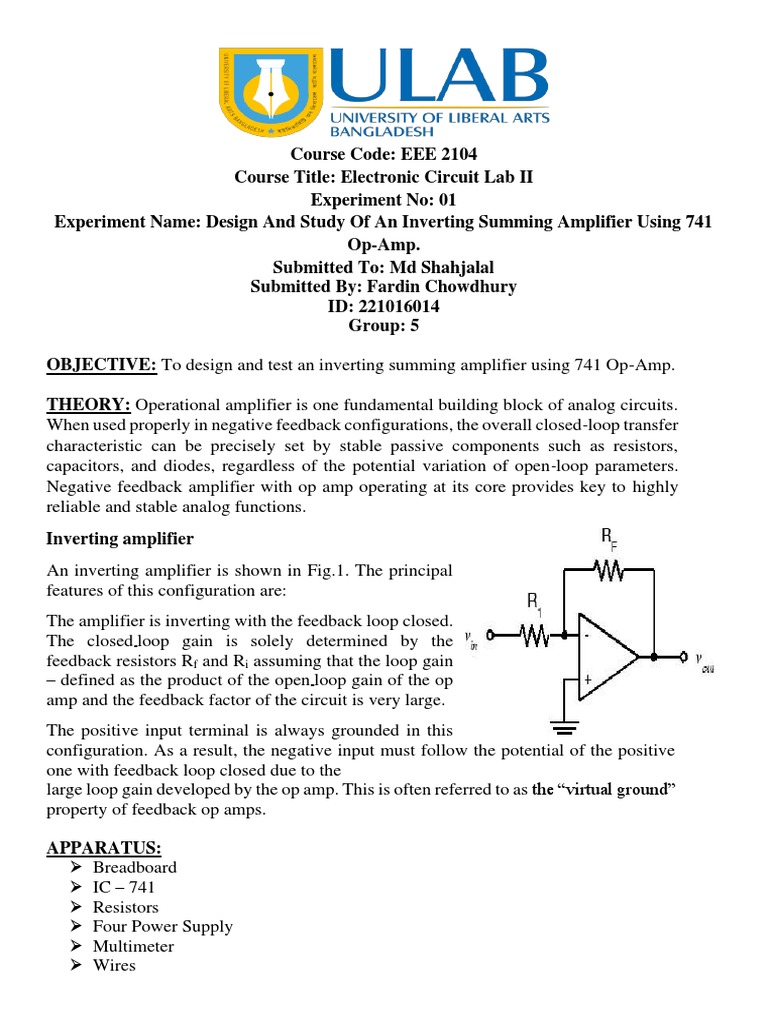 Inverting Summing Amplifier Lab | PDF | Operational Amplifier | Amplifier