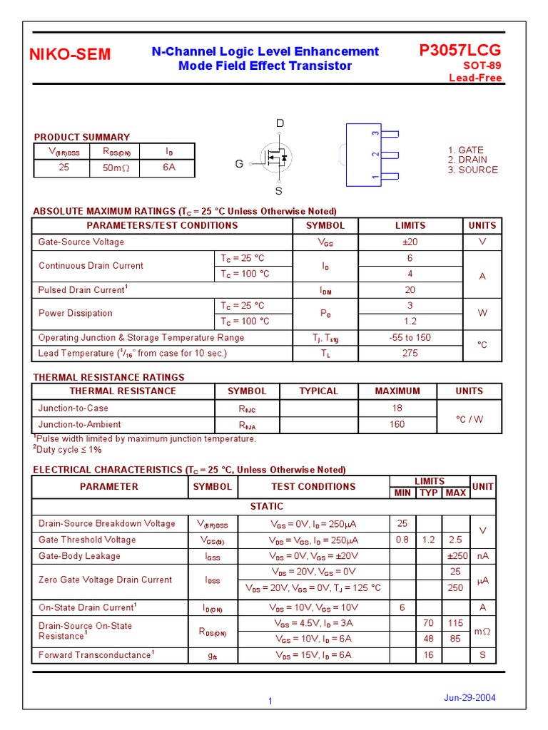 P3057LCG Niko-Sem: N-Channel Logic Level Enhancement Mode Field Effect Transistor | PDF | Field ...