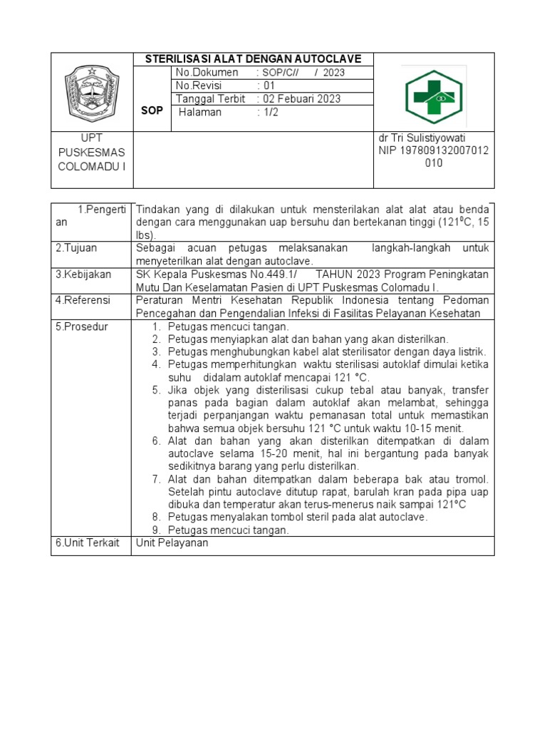 Sop Sterilisasi Alat Dengan Autoclave | PDF