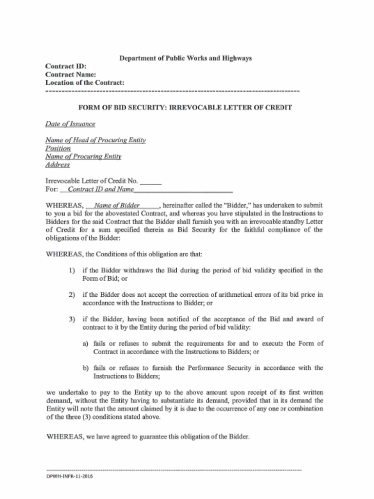 DPWH-INFR-11 Bid Security Letter of Credit | PDF