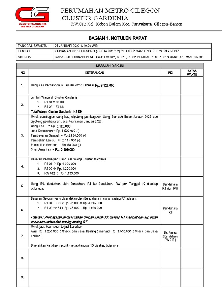 Rapat Pembagian Kas Cluster Gardenia | PDF