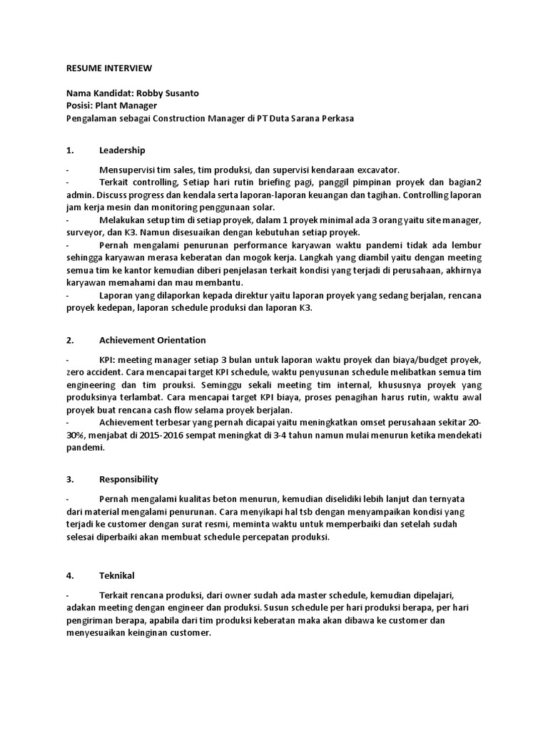 Resume Interview Dan Hasil Psikotest Kandidat Plant Manager, Warehouse ...