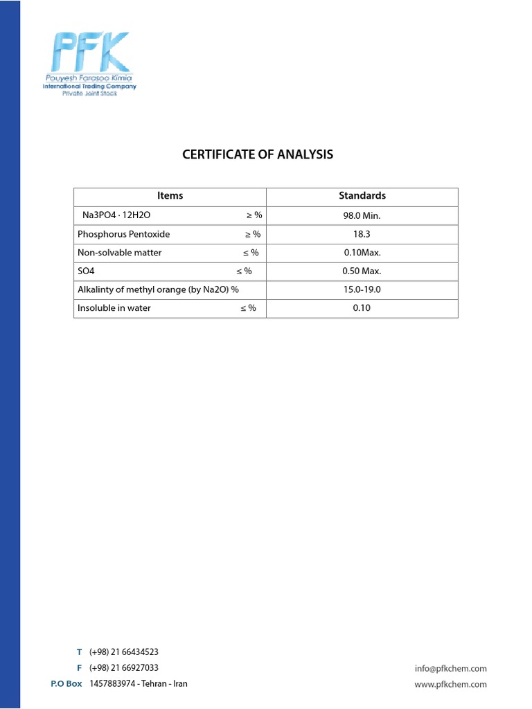 Certificate of Analysis for Na3PO4 12H2O | PDF