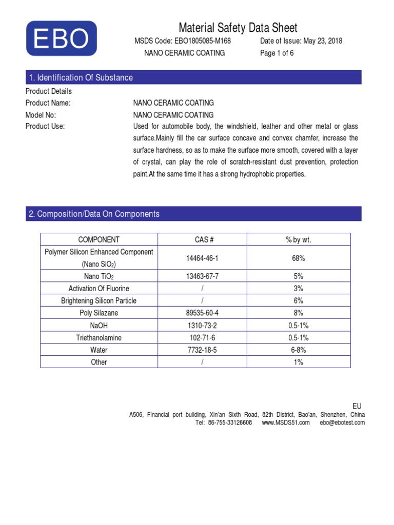 MSDS For NANO Ceramic Coating 2 | PDF