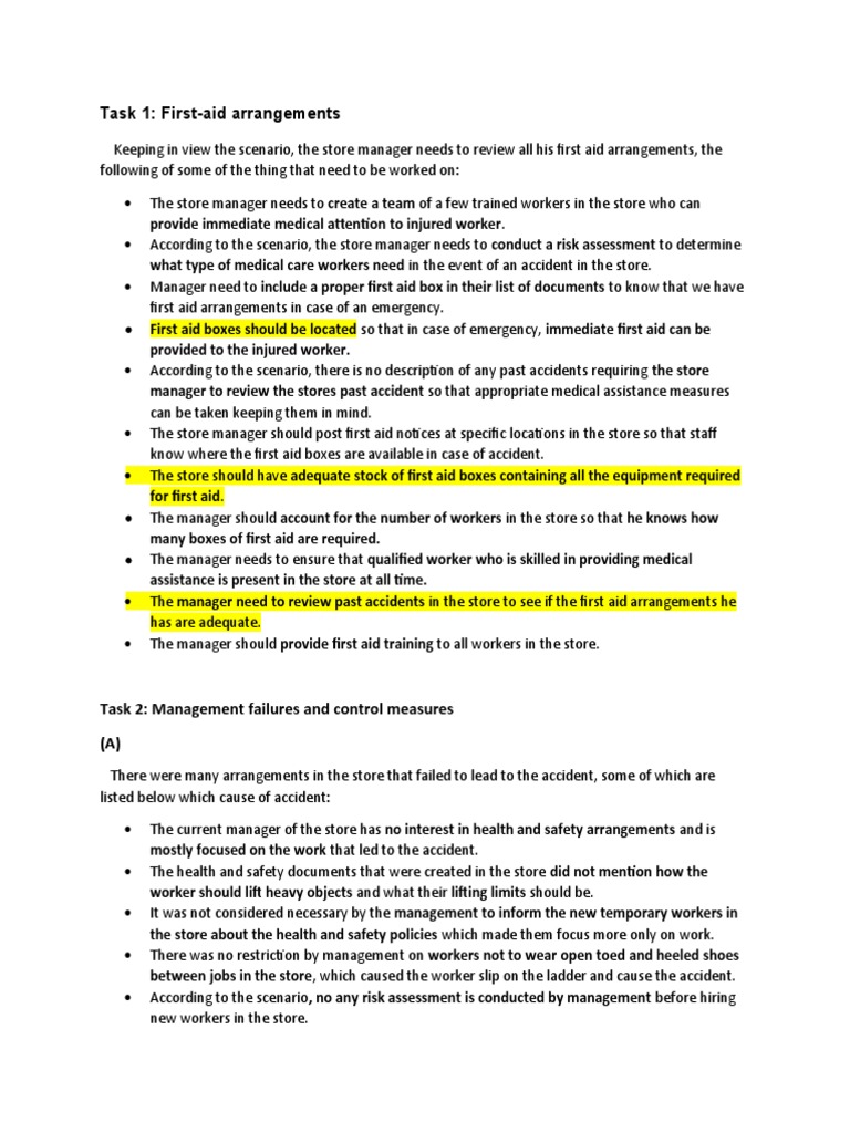 Task 1: First-Aid Arrangements | PDF | Occupational Safety And Health | First Aid