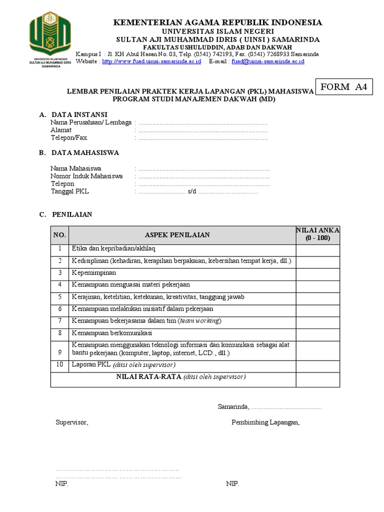 Form A4 Penilaian PKL (MD) | PDF