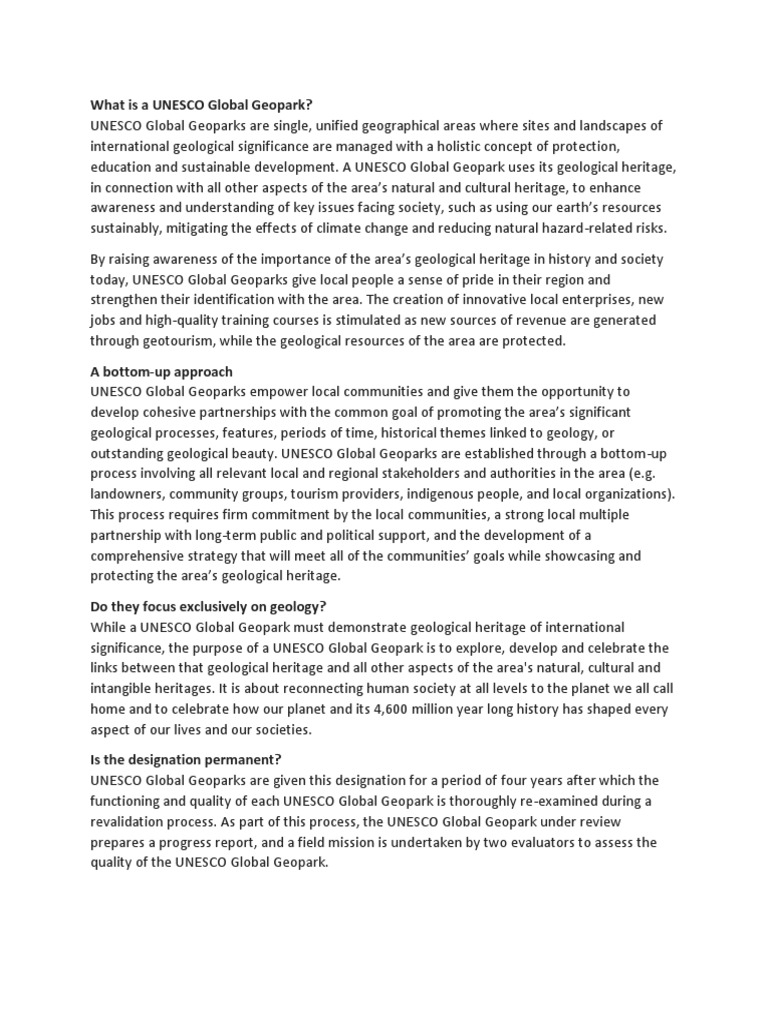 What Is A UNESCO Global Geopark | PDF | Sustainability | Natural ...