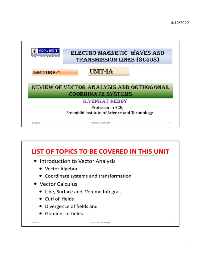 Emtl Unit-Ia L-1 Vector Algebra | PDF | Euclidean Vector | Vector Calculus