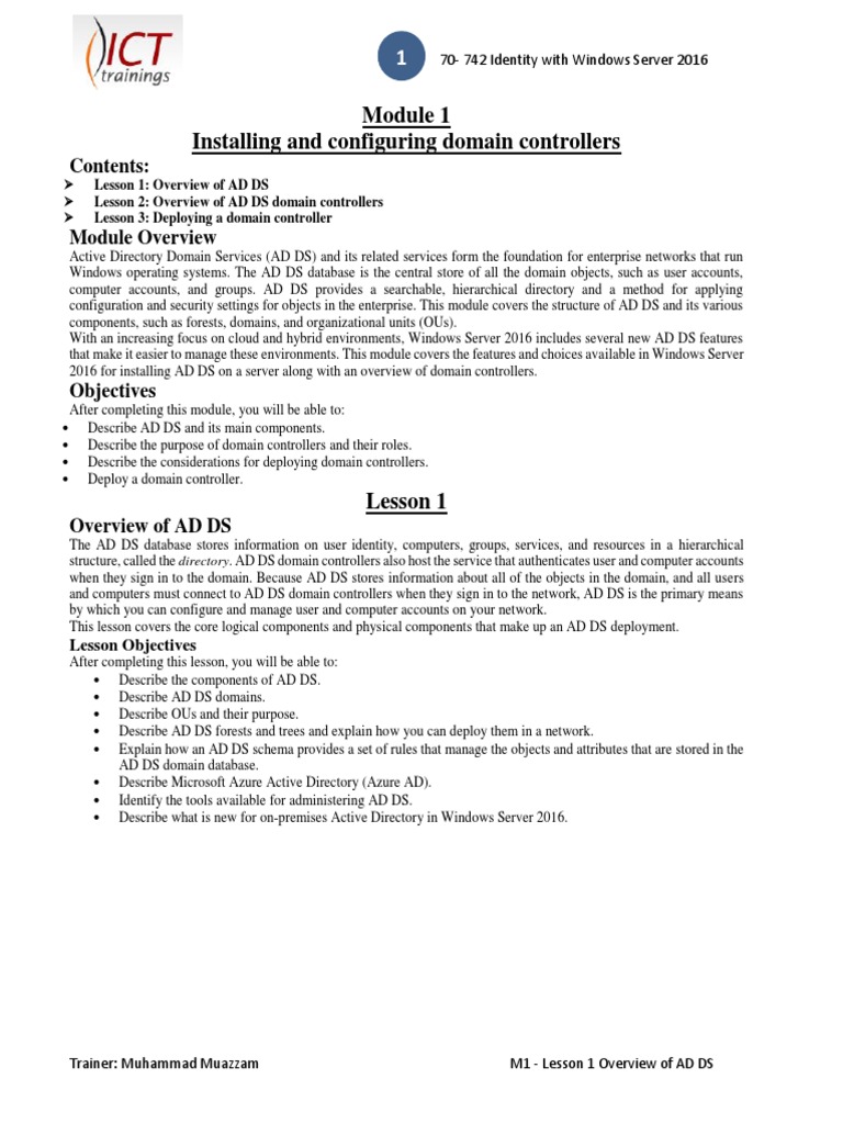 M1 - Lesson 1 Overview of AD DS | PDF | Active Directory | Computer ...
