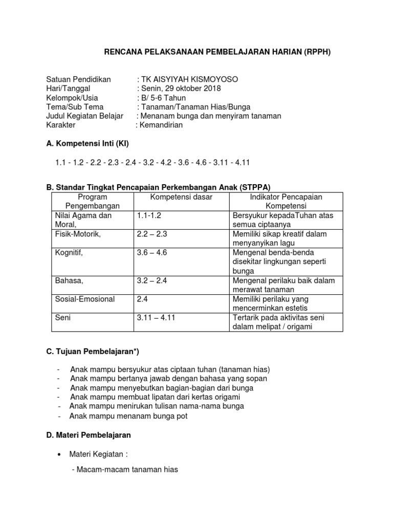 Rencana Pelaksanaan Pembelajaran Harian (RPPH) | PDF
