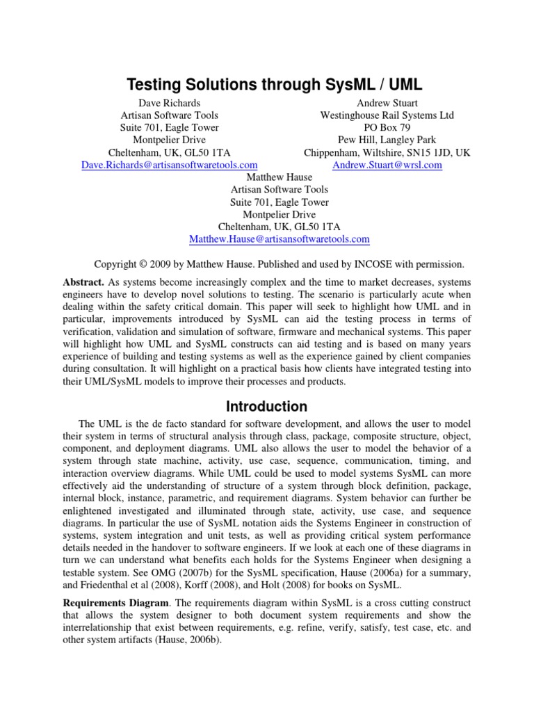 Testing Solutions Through Uml Sysml Hause Stuart Submission Incose 20091 Pdf System