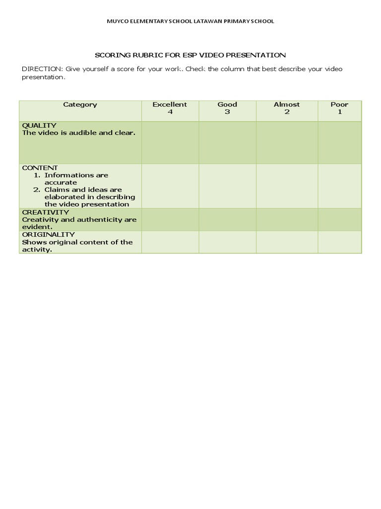 Scoring Rubric For Esp Video Presentation | PDF | Behavior Modification | Communication