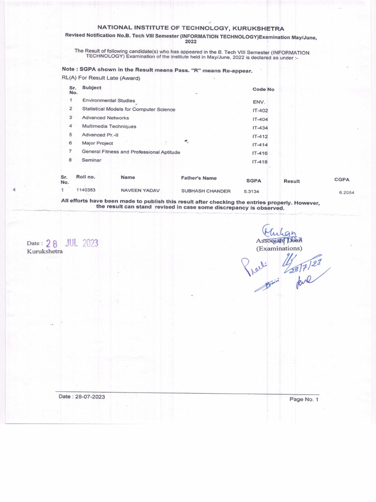 Revised Result of B.Tech - 8th Semester IT 1140353 | PDF | Computing