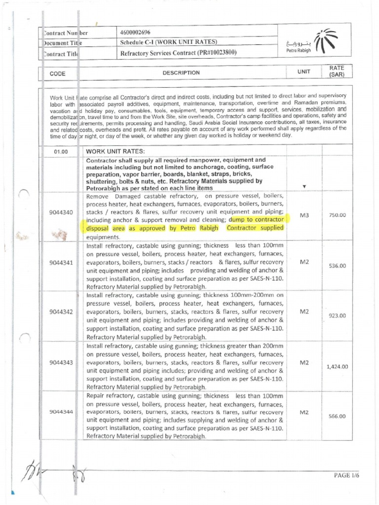 Cost Unit Rate-Petro Rabigh | PDF