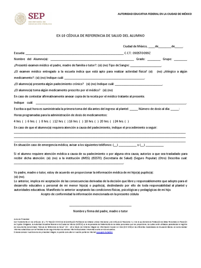 Ex-10 Cedula de Referencia de Salud Del Alumno | PDF