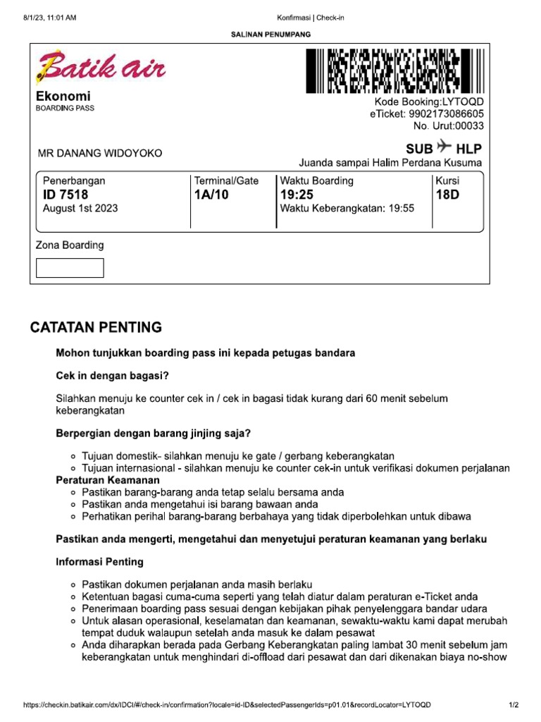 Boarding Pas Batik Air Hari Ini | PDF