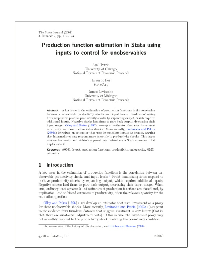 Petrin Et Al 2004 Production Function Estimation in Stata Using Inputs To Control For ...