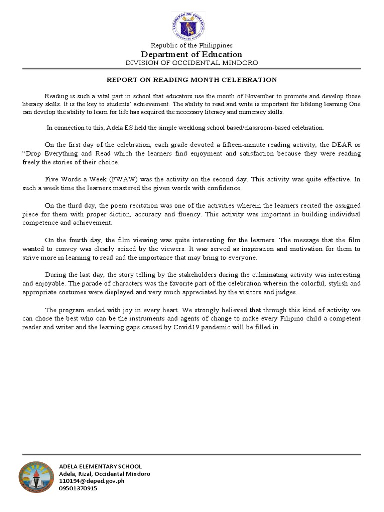Reading Month Celebration Report | PDF | Literacy | Education Theory